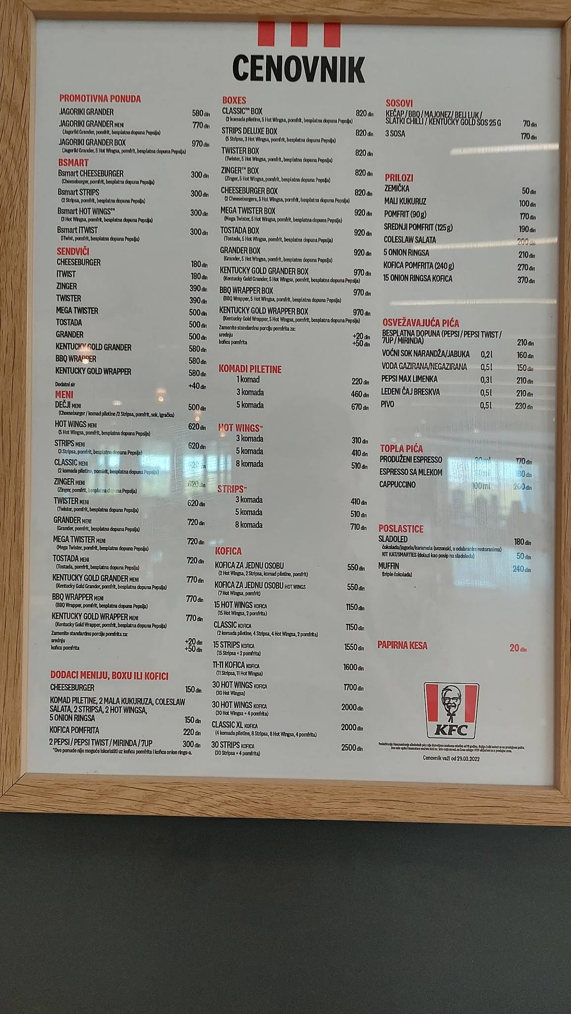 Menu at KFC USCE Shopping Center restaurant, Belgrade, Bulevar Mihajla ...