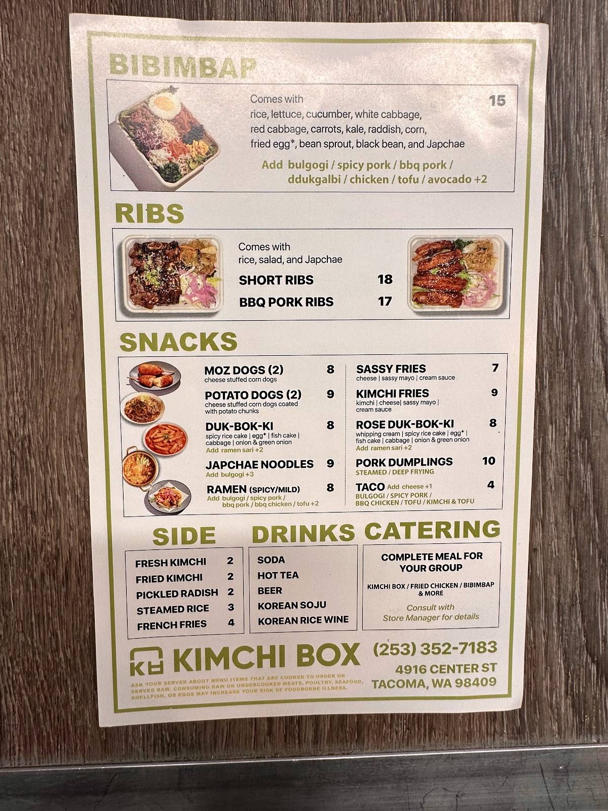 Menu at KIMCHI BOX restaurant, Tacoma