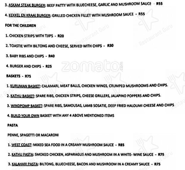 Menu at Kalahari Windpomp Restaurant, Shere
