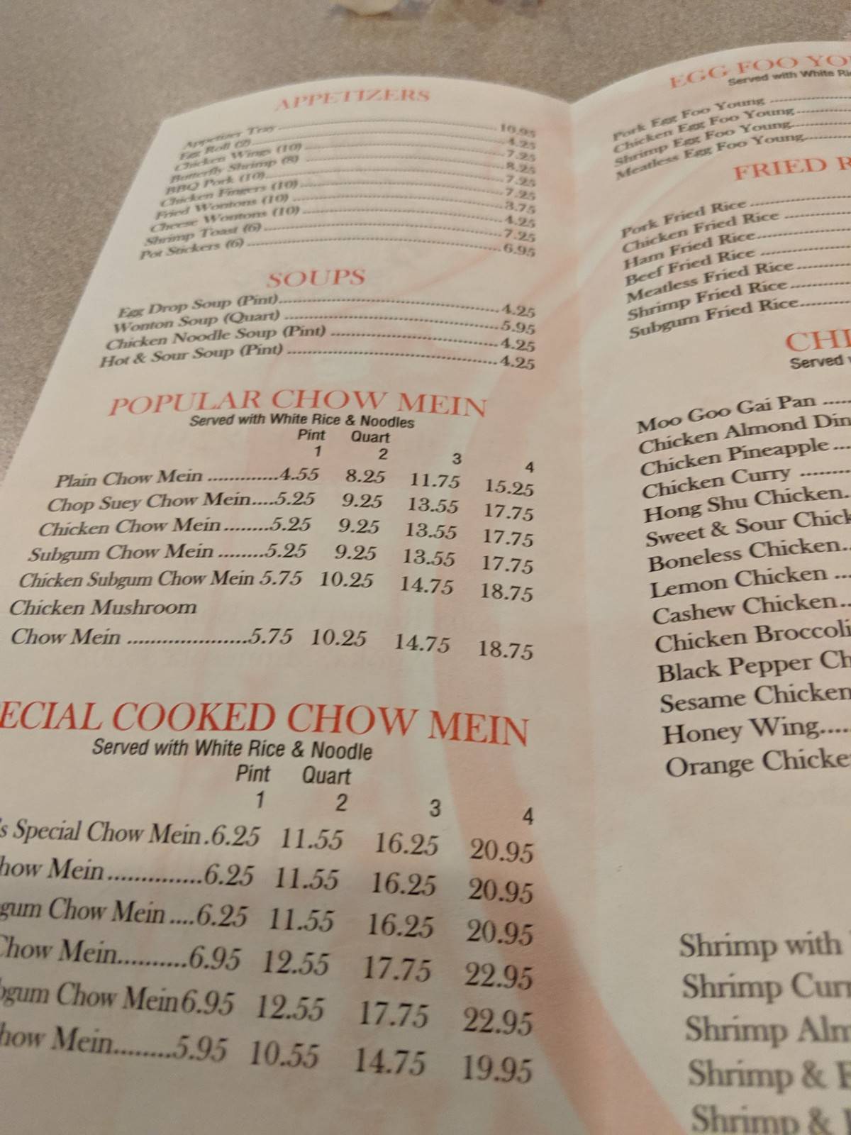 Menu at Kam Wong's Chow Mein restaurant, Anoka