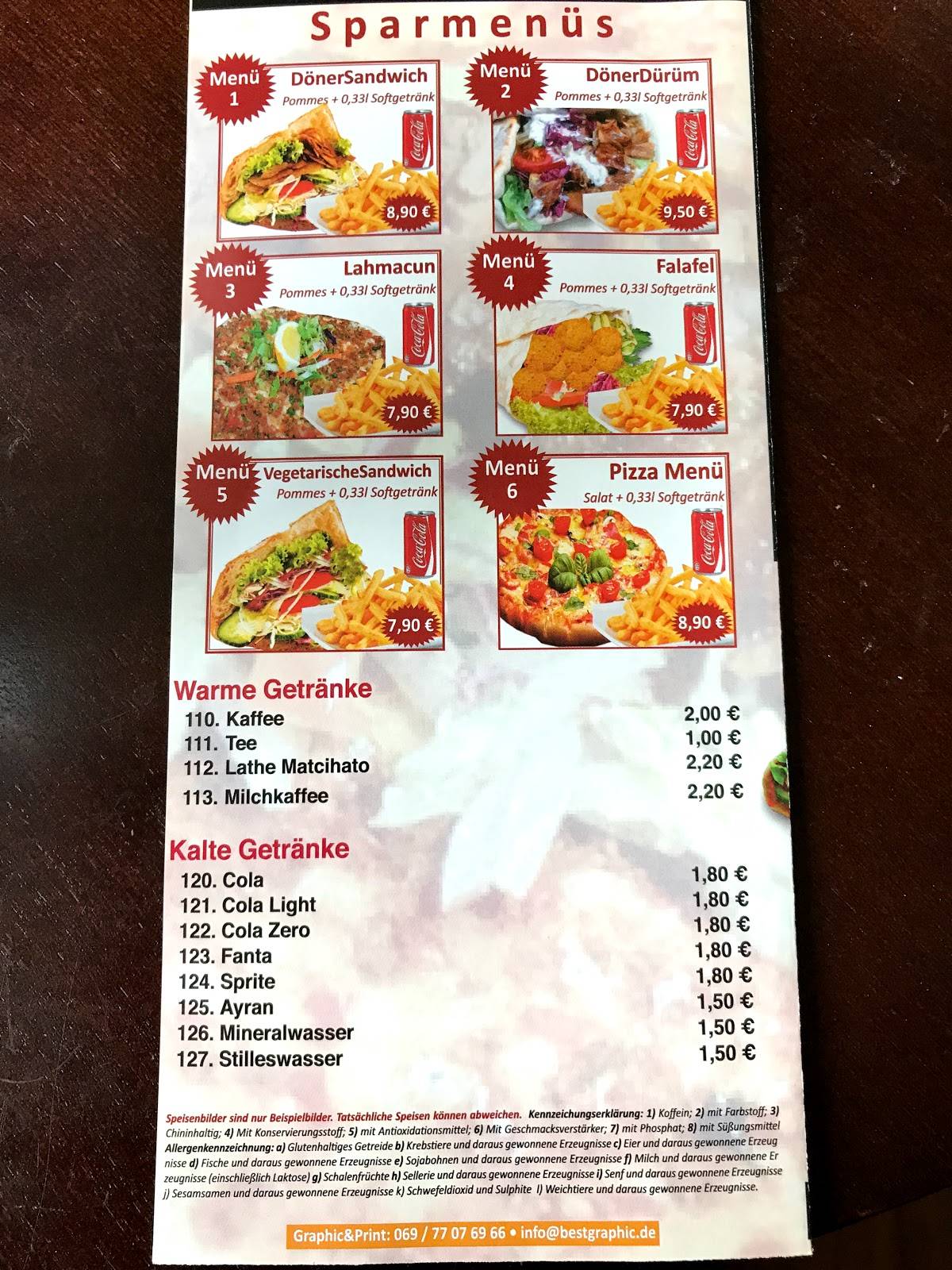 Carta del restaurante Kebab Hut, Fráncfort