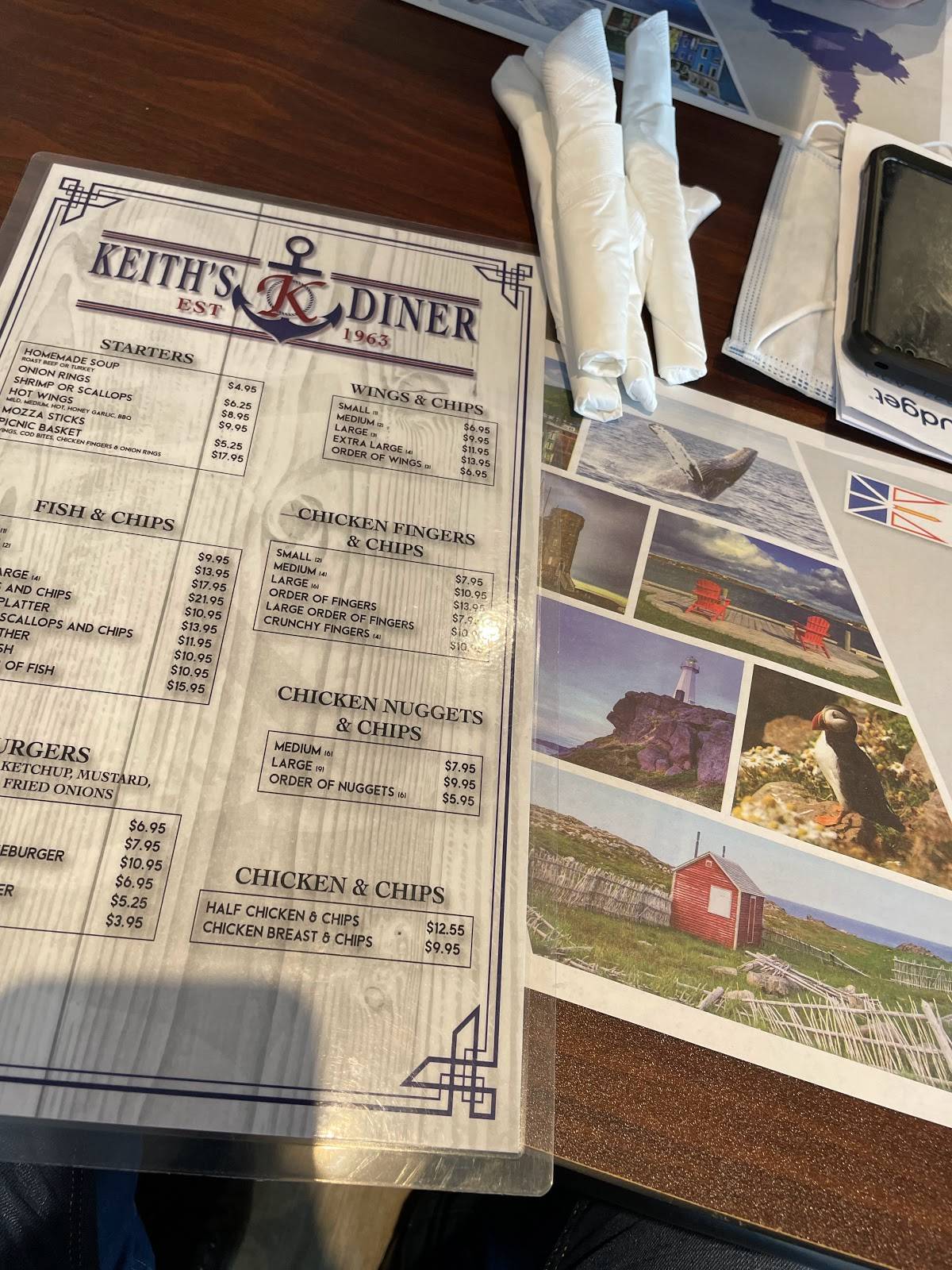 Menu at Keith's Diner restaurant, St. John's