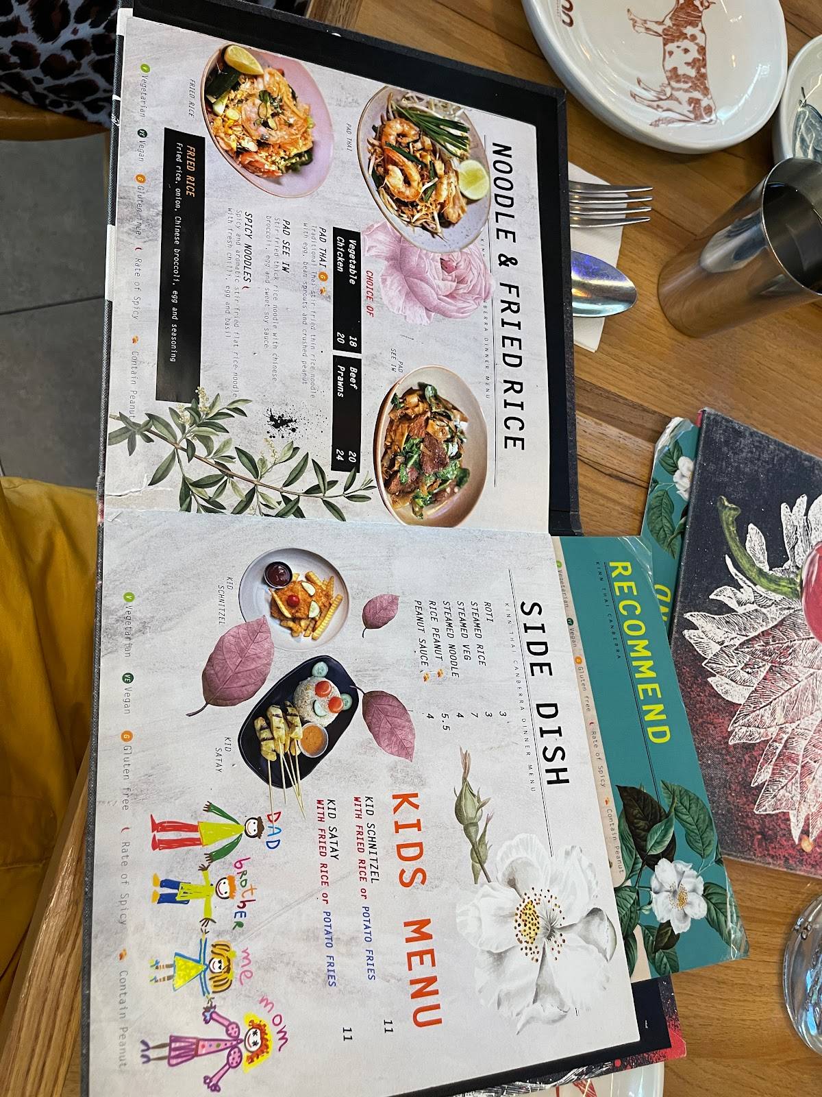 Menu at Kinn Thai restaurant, Canberra