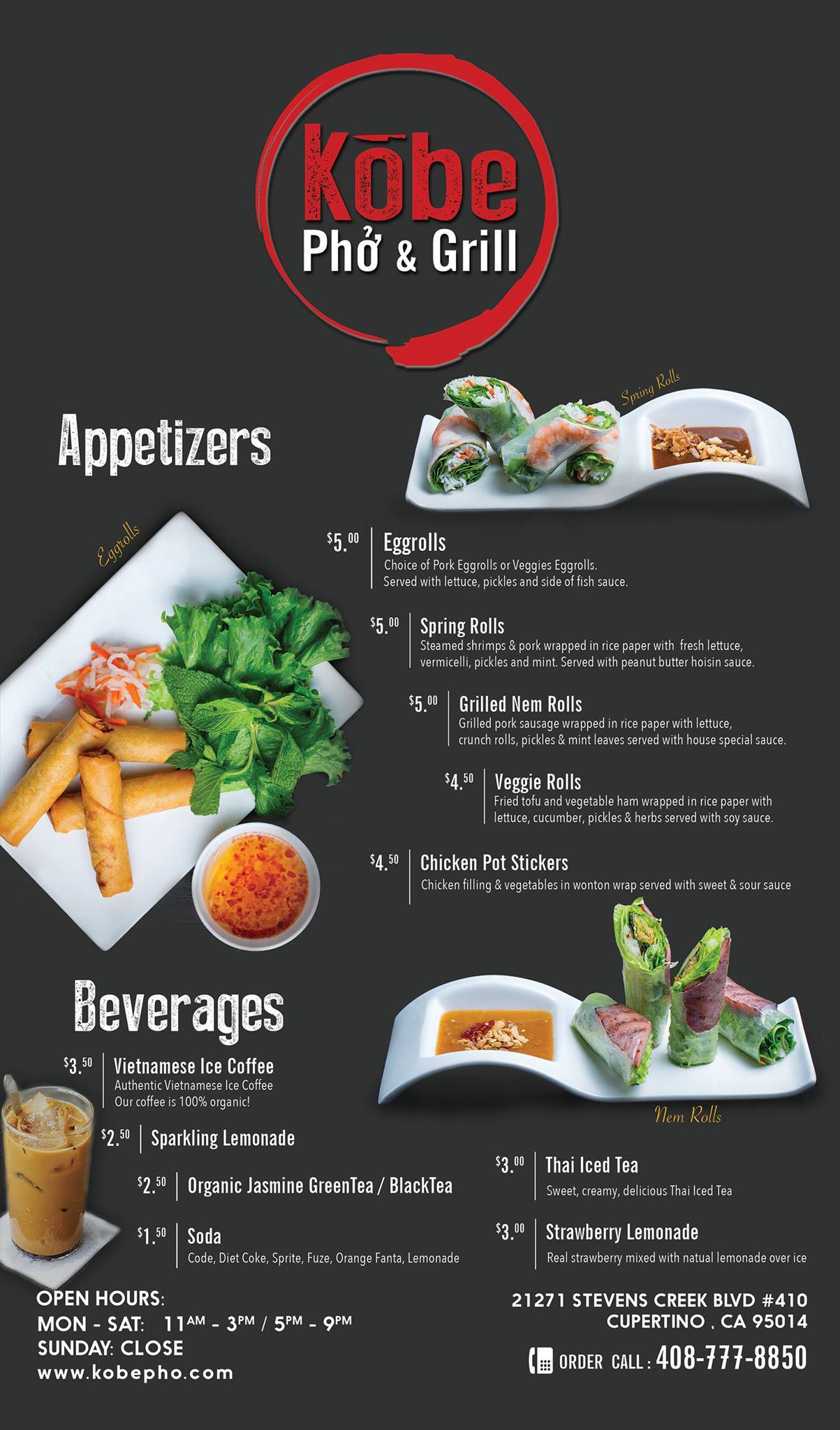 Menu at Kobe Pho & Grill restaurant, Cupertino