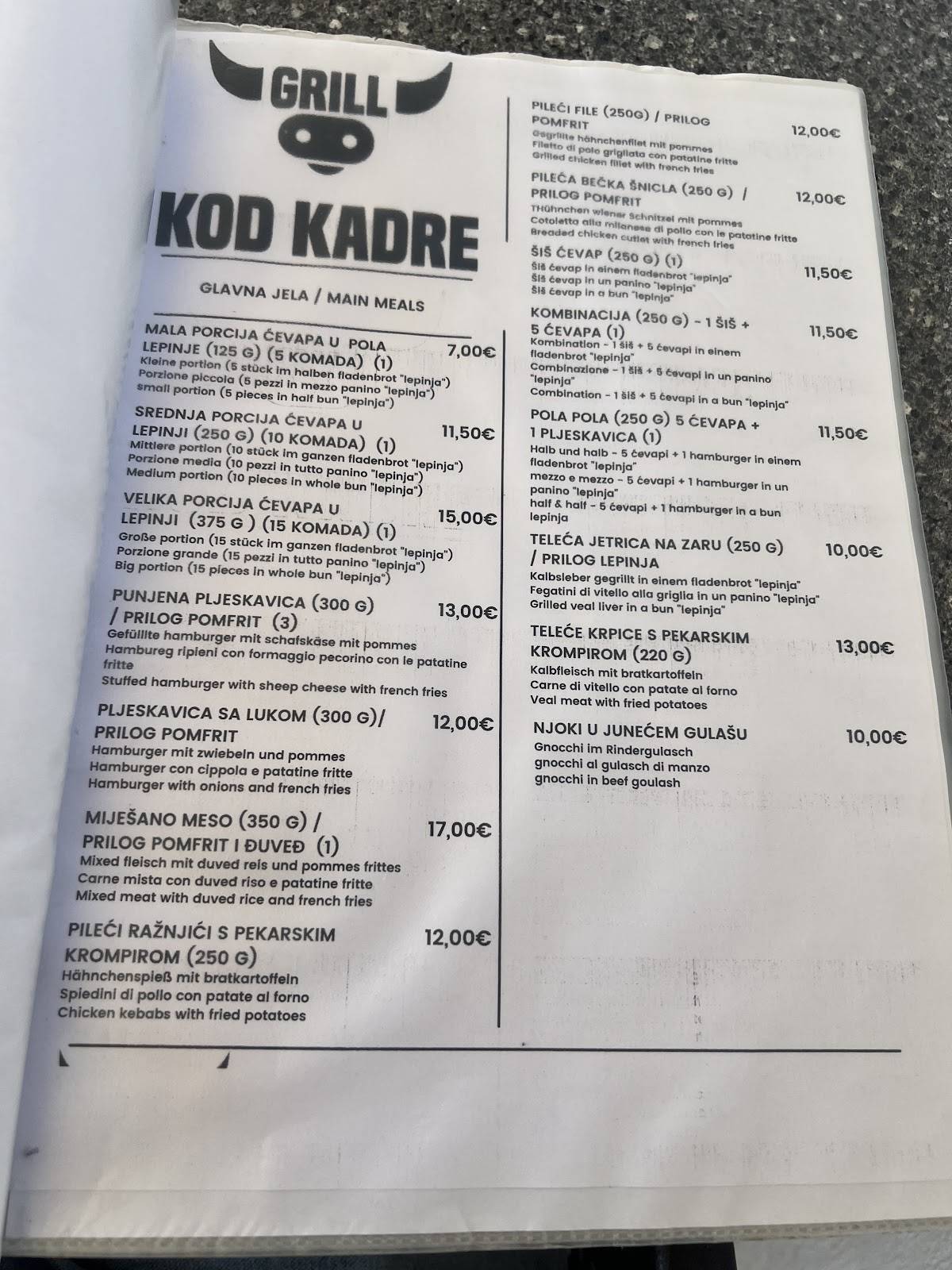 Menu at Kod Kadre restaurant, Pula, Ul. Nikole Tesle 50A
