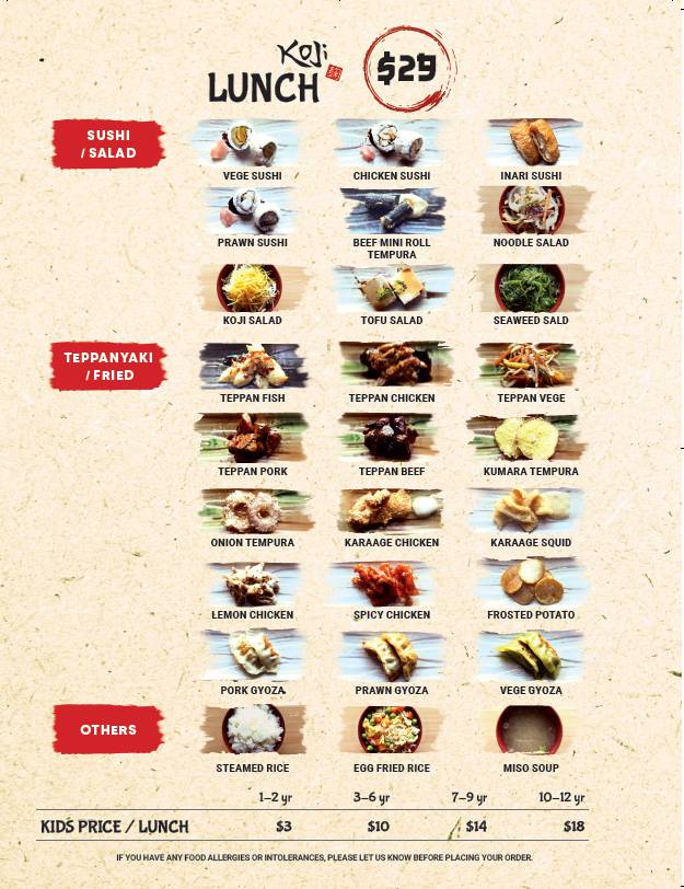 Menu at Koji Teppanyaki & Grill Timaru restaurant, Timaru