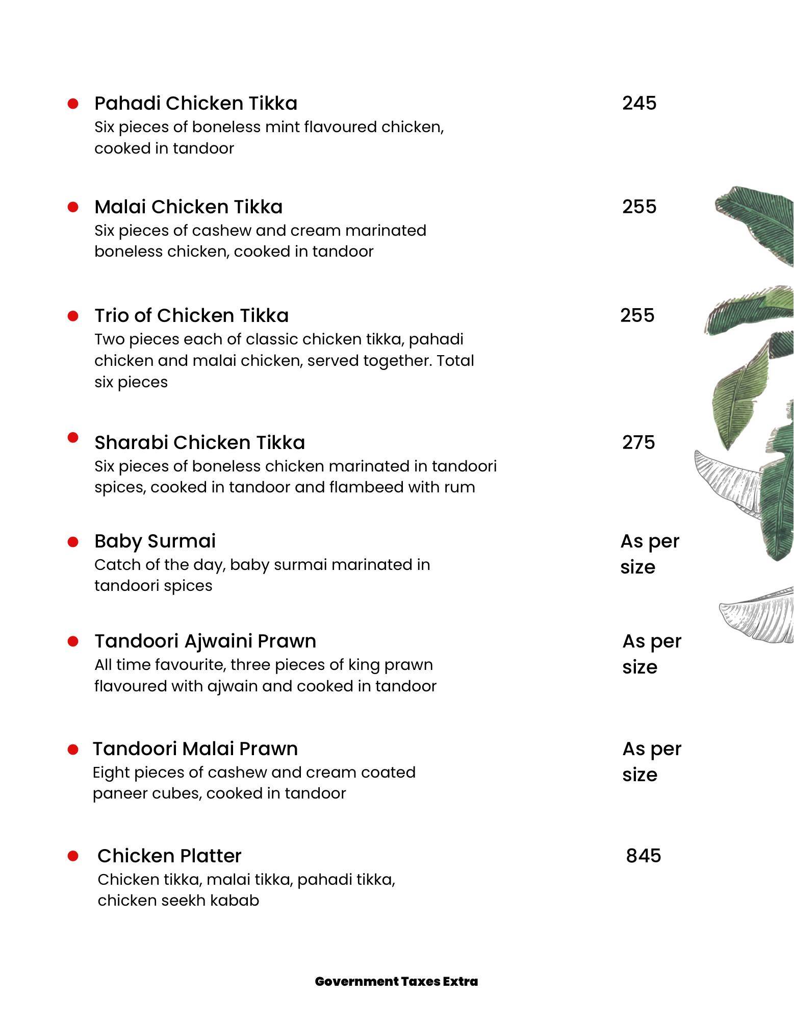 Menu at Kokum, Vasai