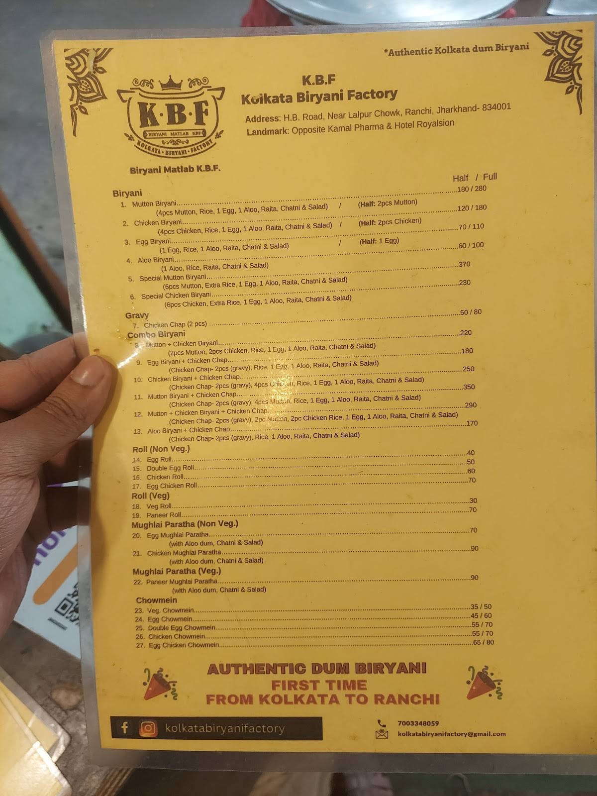 Menu at Kolkata Biryani Factory - K.B.F, Ranchi