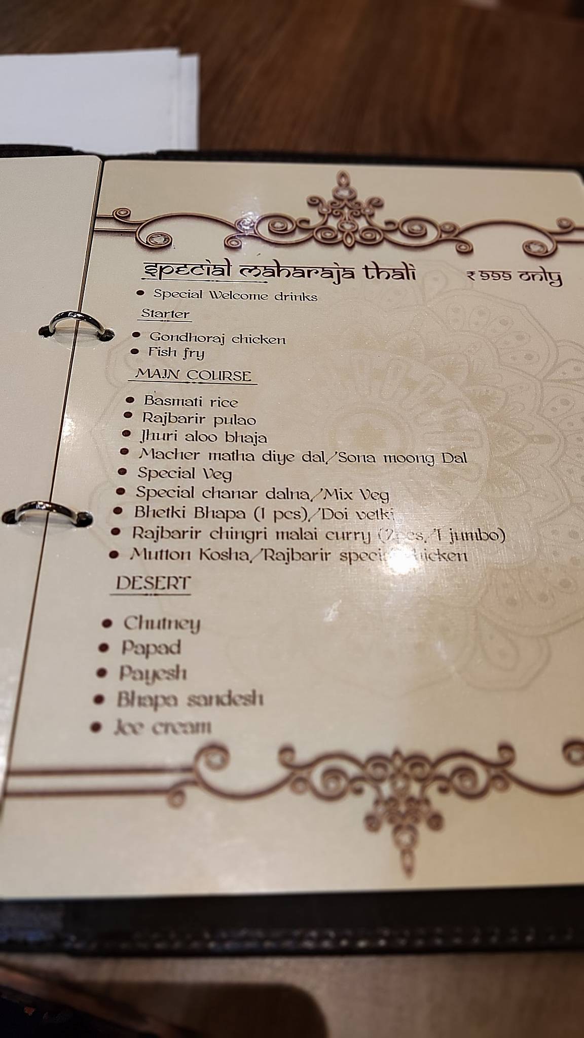 Menu at Kolkata Rajbari, Kolkata