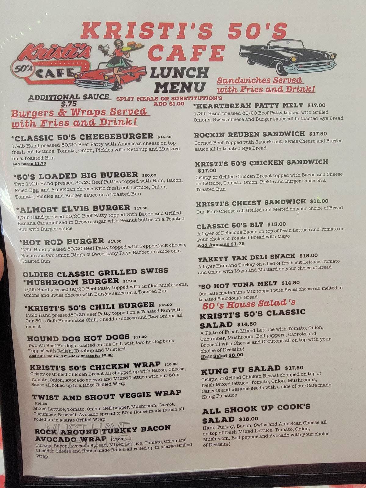 Menu at Kristi's 50's Cafe, Lebanon