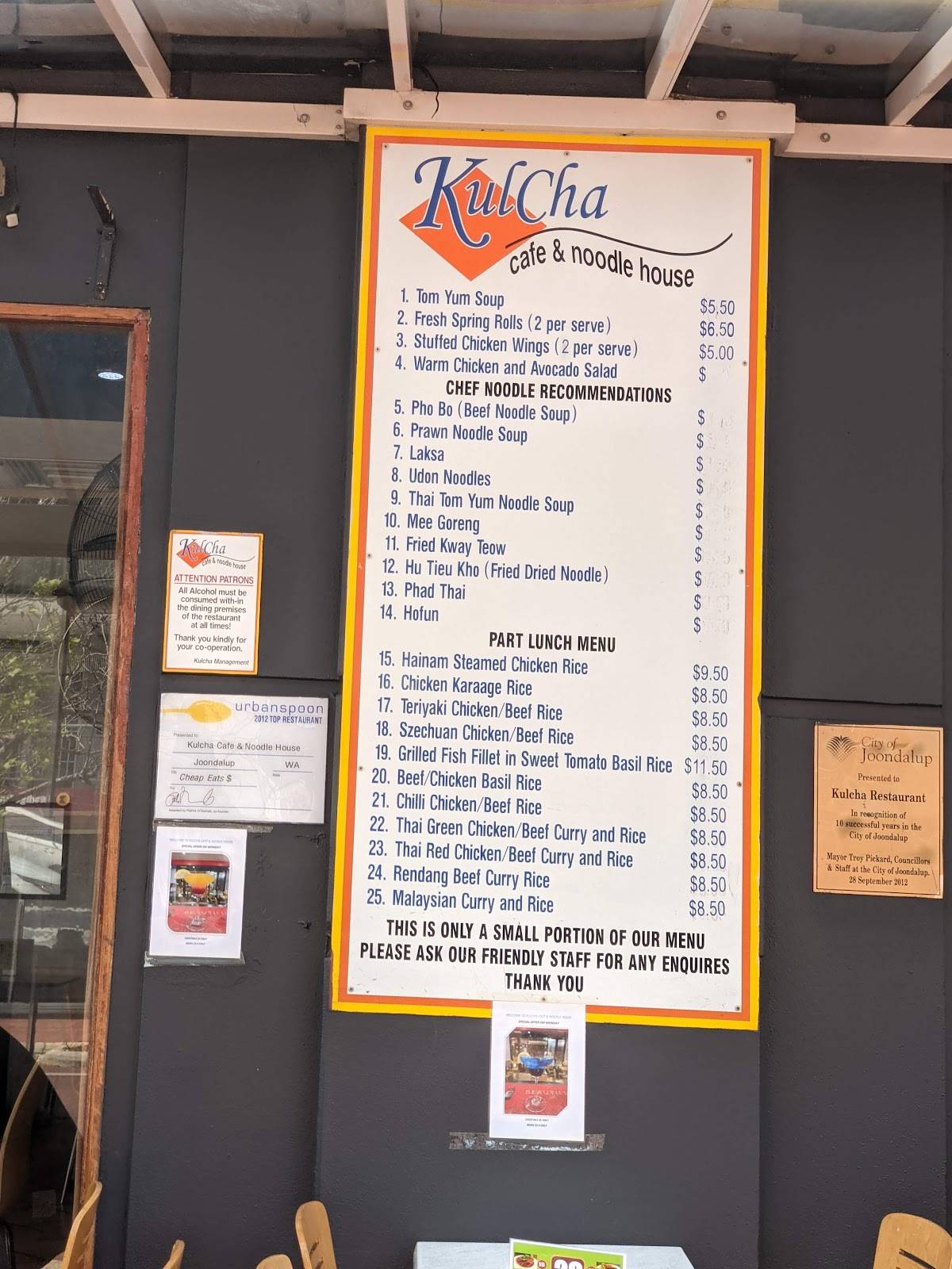 Menu at Kulcha restaurant, Joondalup