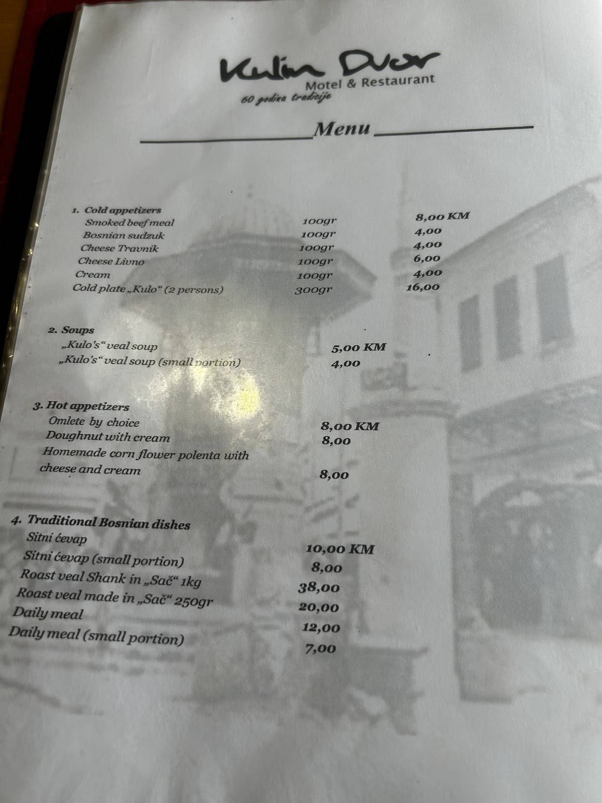 Menu at Kulin dvor restaurant, Semizovac