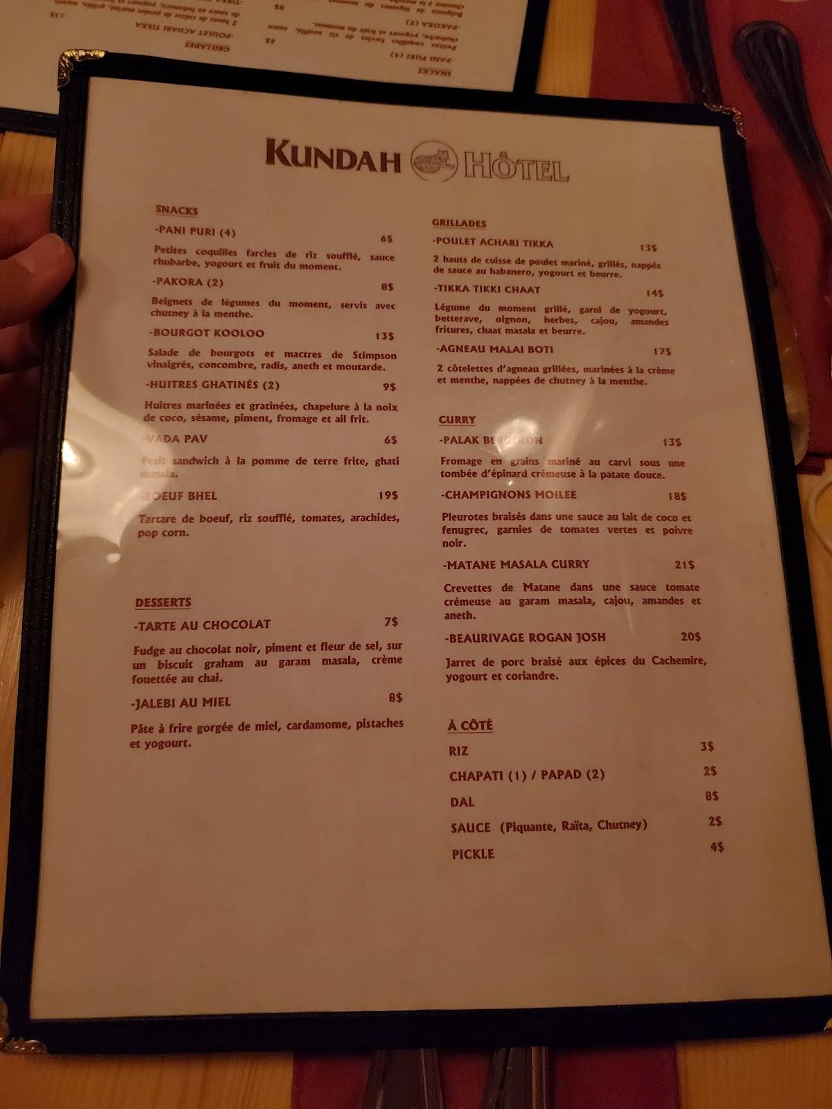 Menu au Kundah Hôtel restaurant, Québec