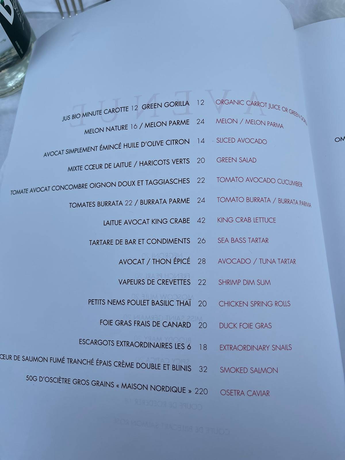 Menu at L'Avenue restaurant, Paris, 41 Av. Montaigne