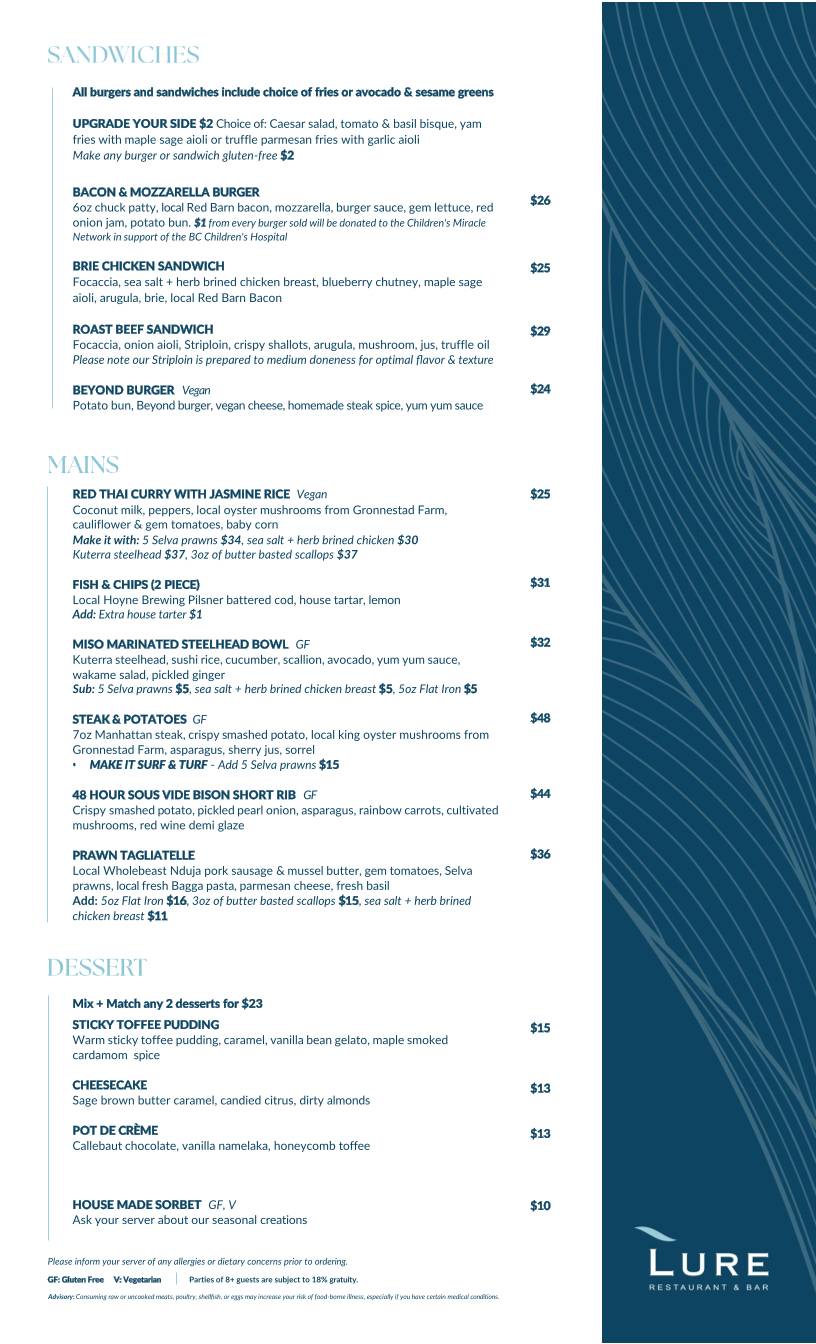 Menu at LURE Restaurant & Bar, Victoria