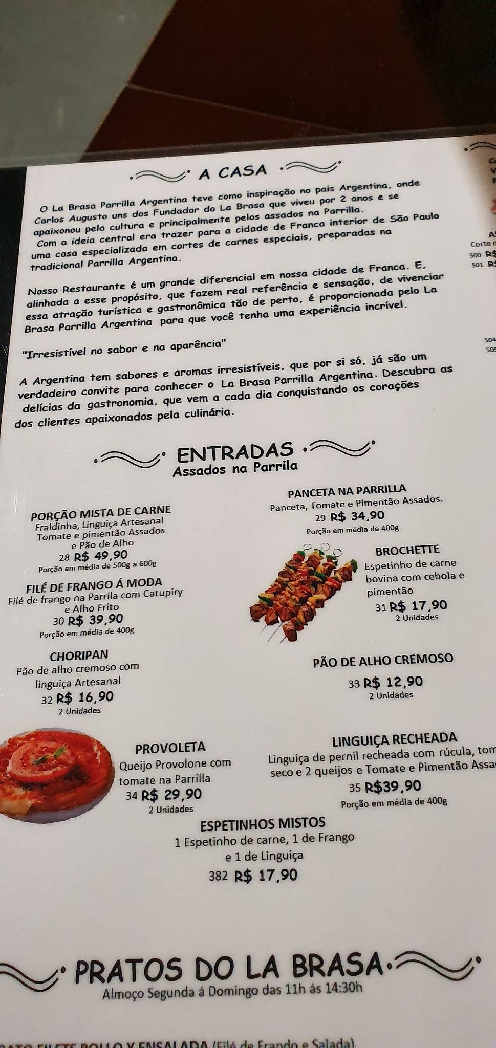 Carta de La Brasa Parrilla Argentina, Franca