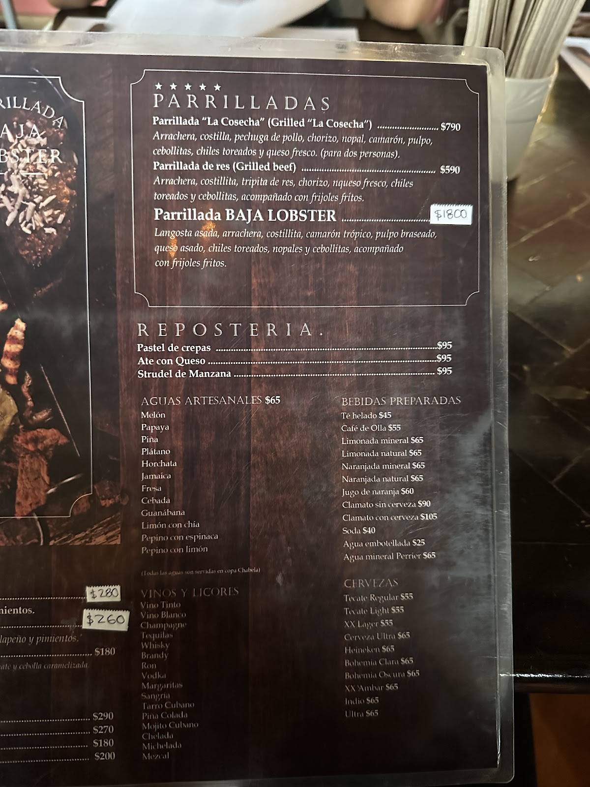 Menu at La Cosecha Restaurante, Tijuana