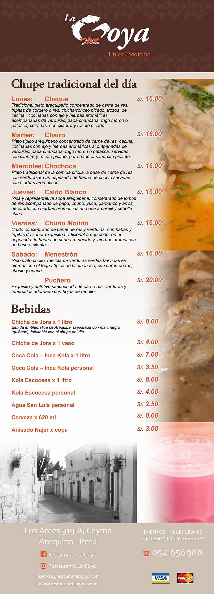 Carta del restaurante La Goya, Arequipa