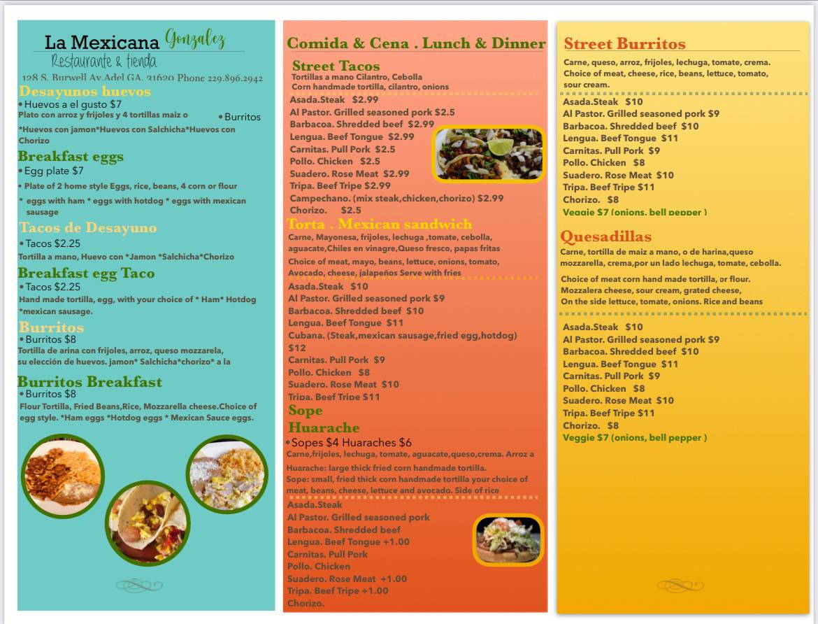 Menu at La Mexicana Gonzalez restaurant, Adel