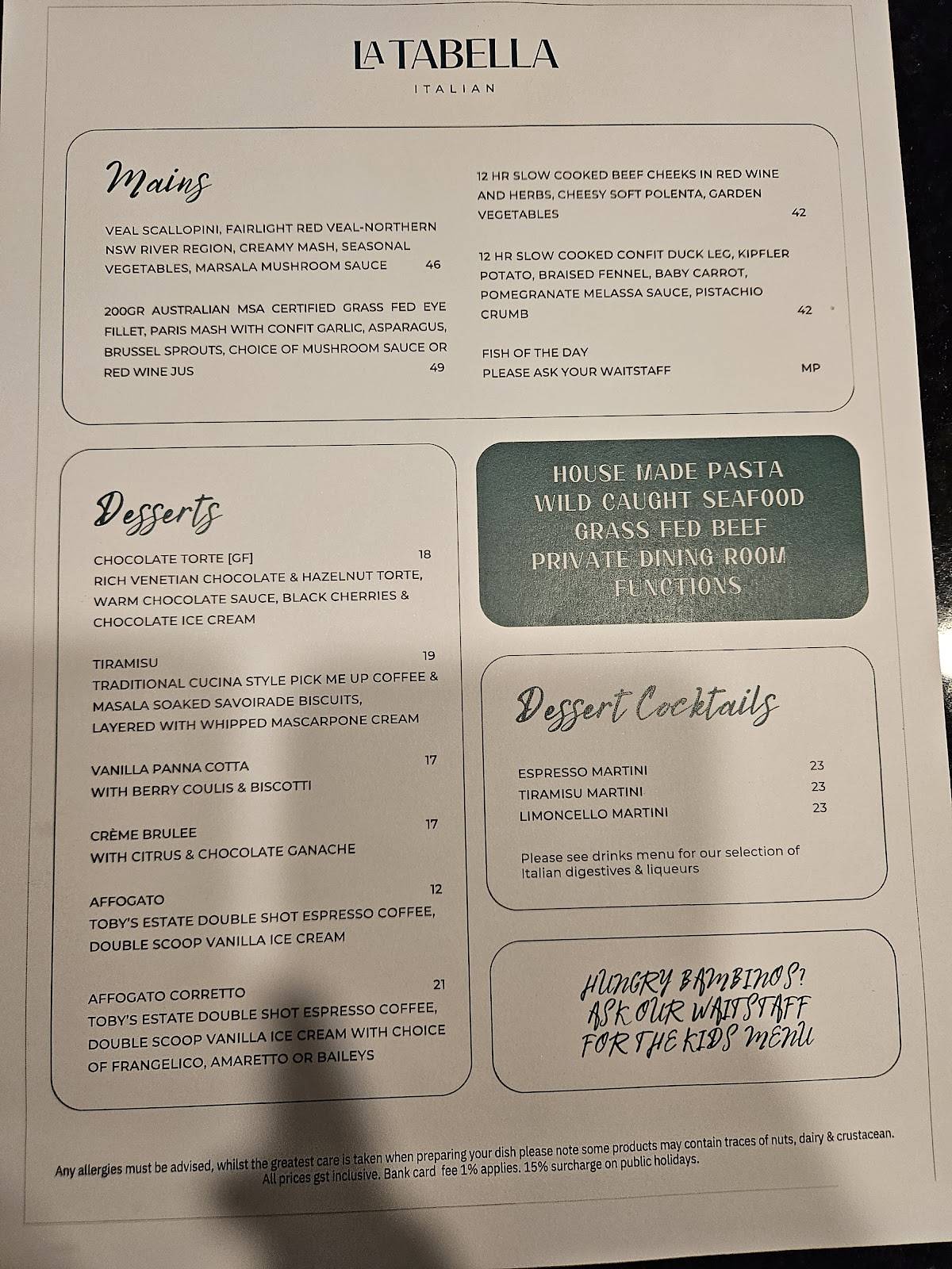 Menu at La Tabella Italian restaurant, Airlie Beach