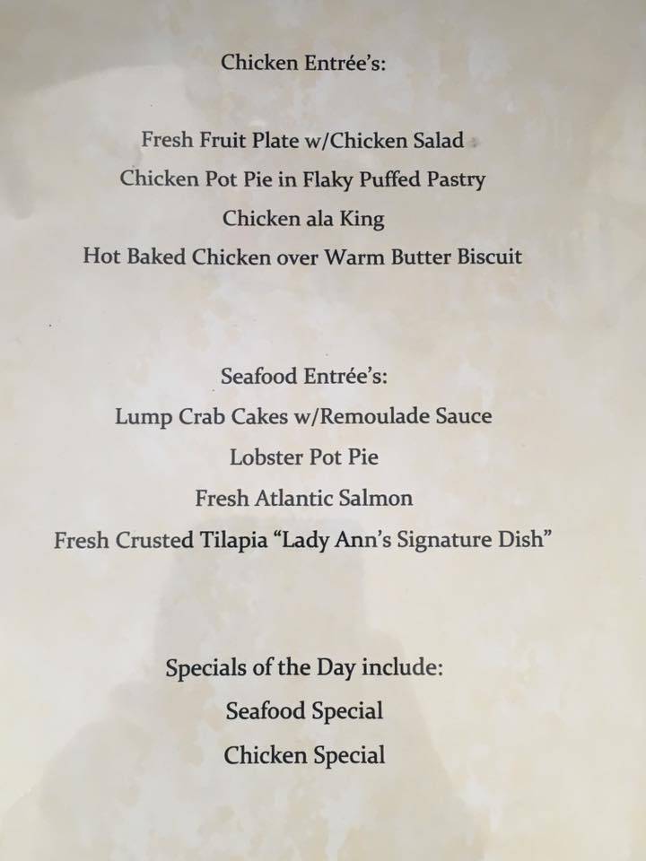 Menu at Lady Ann's Victorian Tea Room restaurant, Stuart