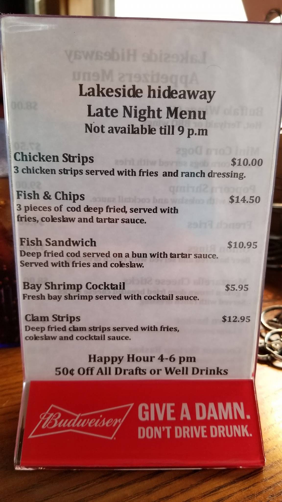 Menu at Lakeside Hideaway restaurant, Rockaway Beach