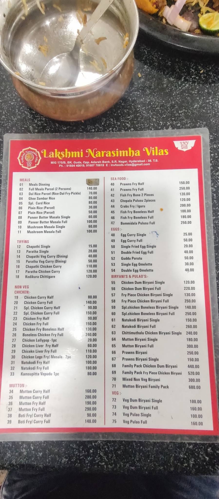 Menu at Lakshmi Narasimha vilas, Hyderabad, MIG 175