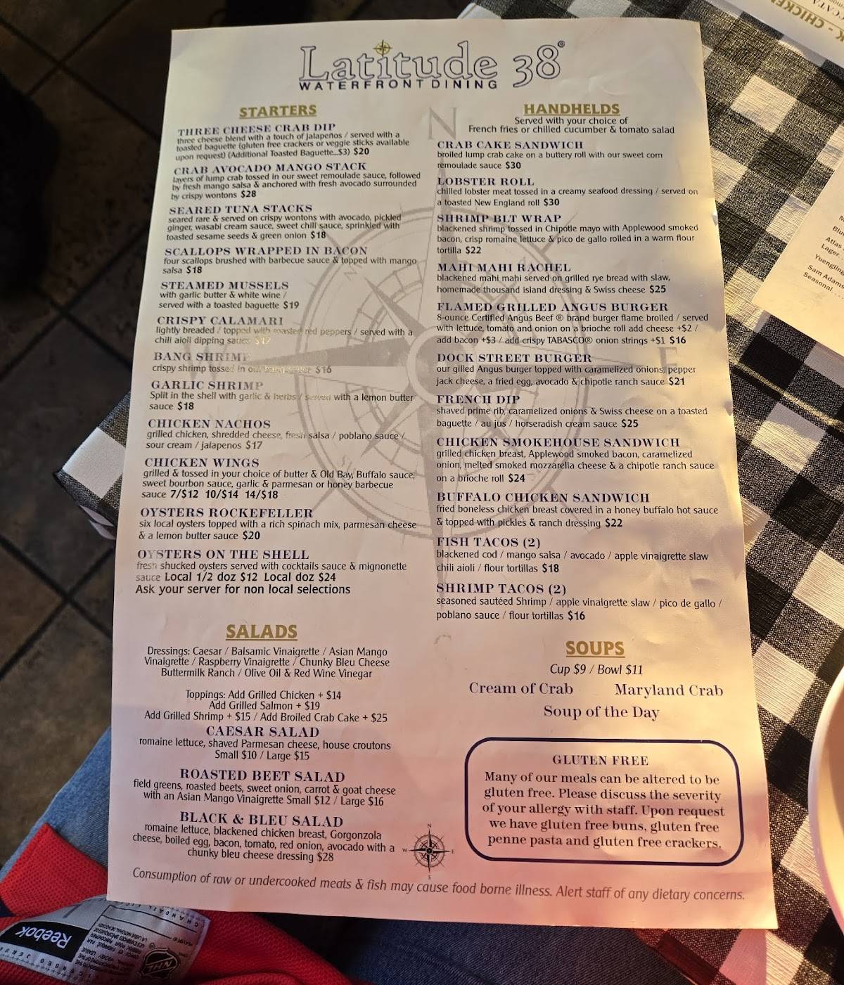 Menu at Latitude 38° Waterfront Dining restaurant, Annapolis