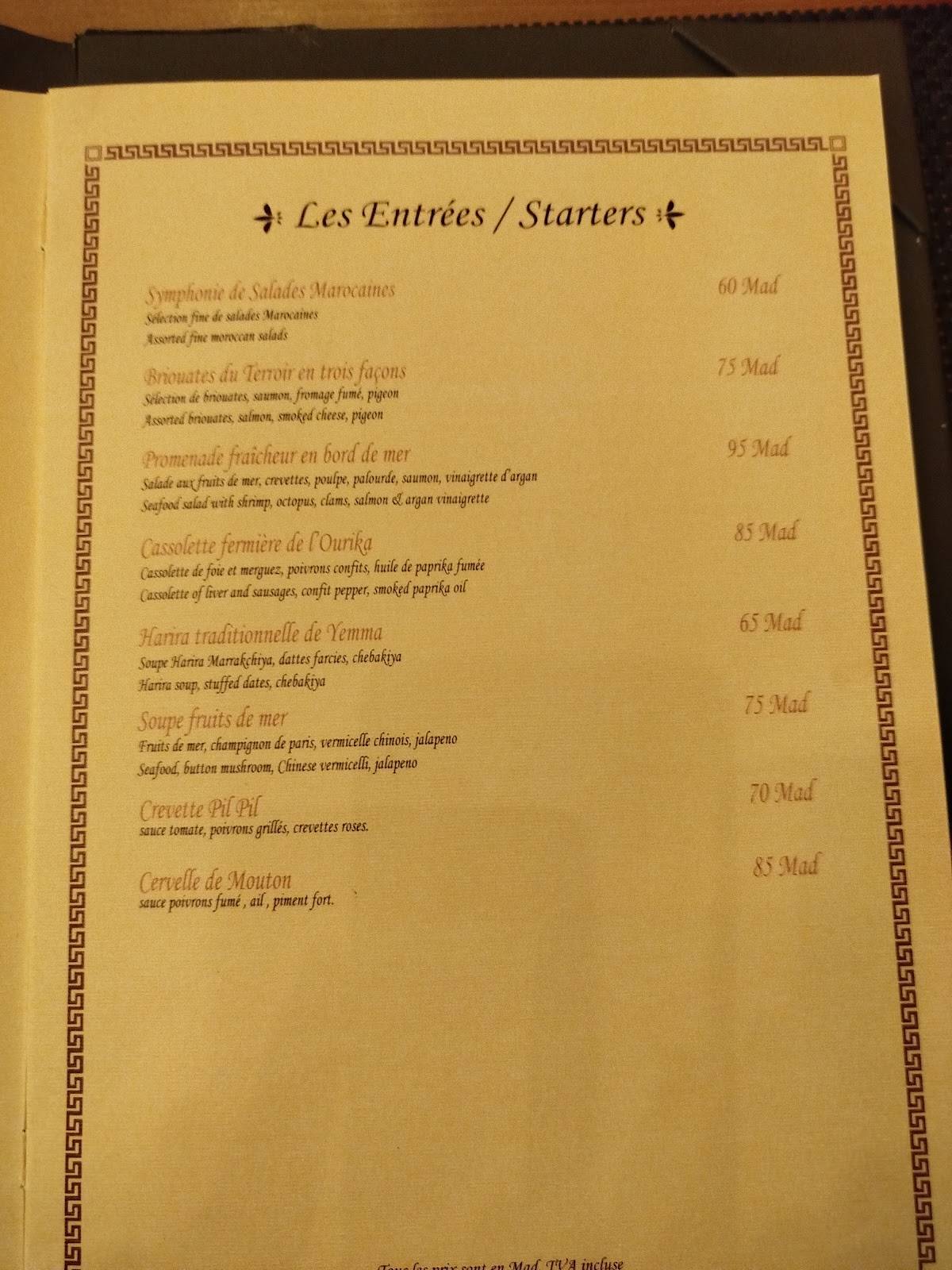 Menu at Restaurant Layal El Noor, Marrakesh