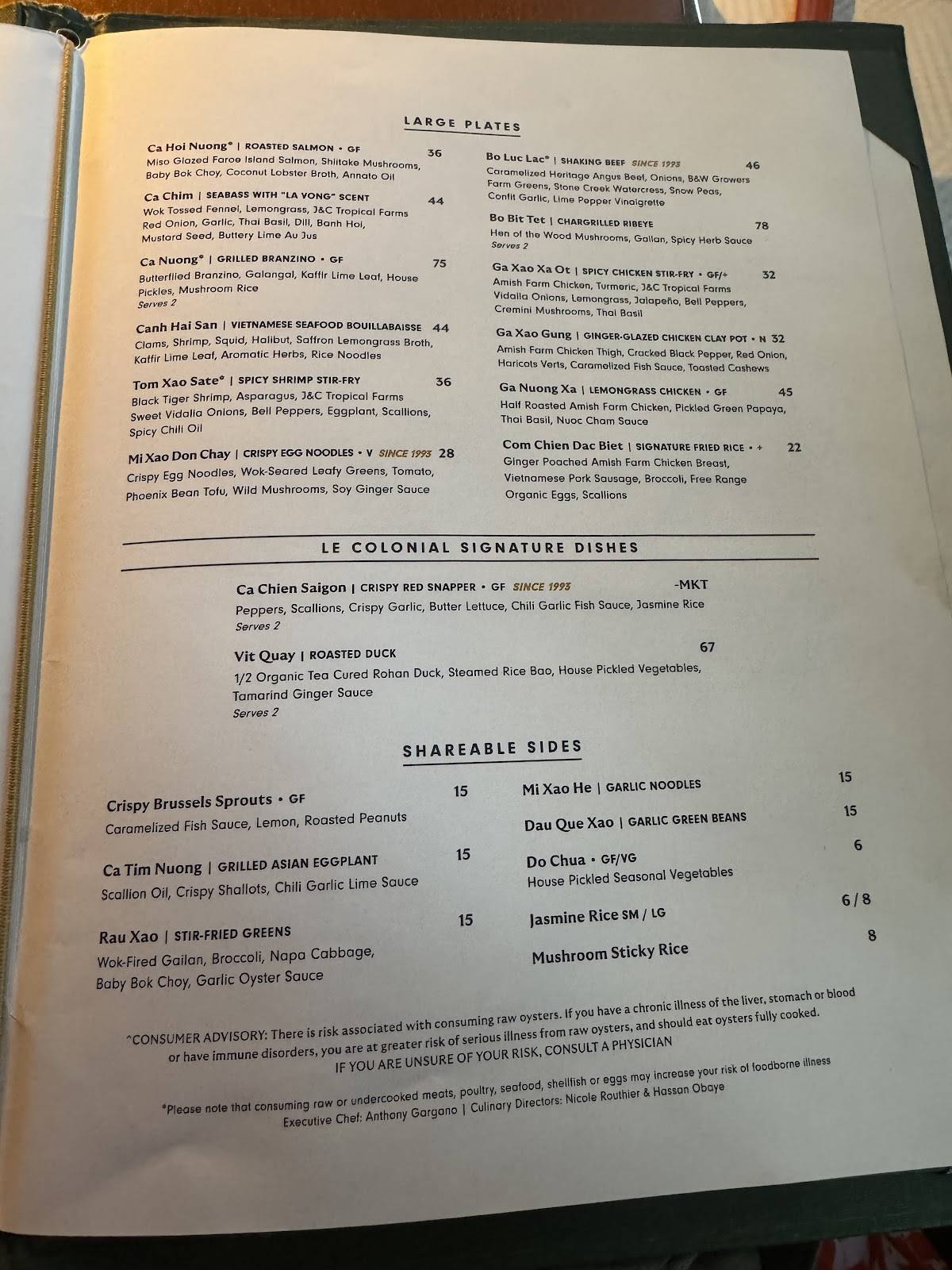 Menu at Le Colonial Naples restaurant, Naples