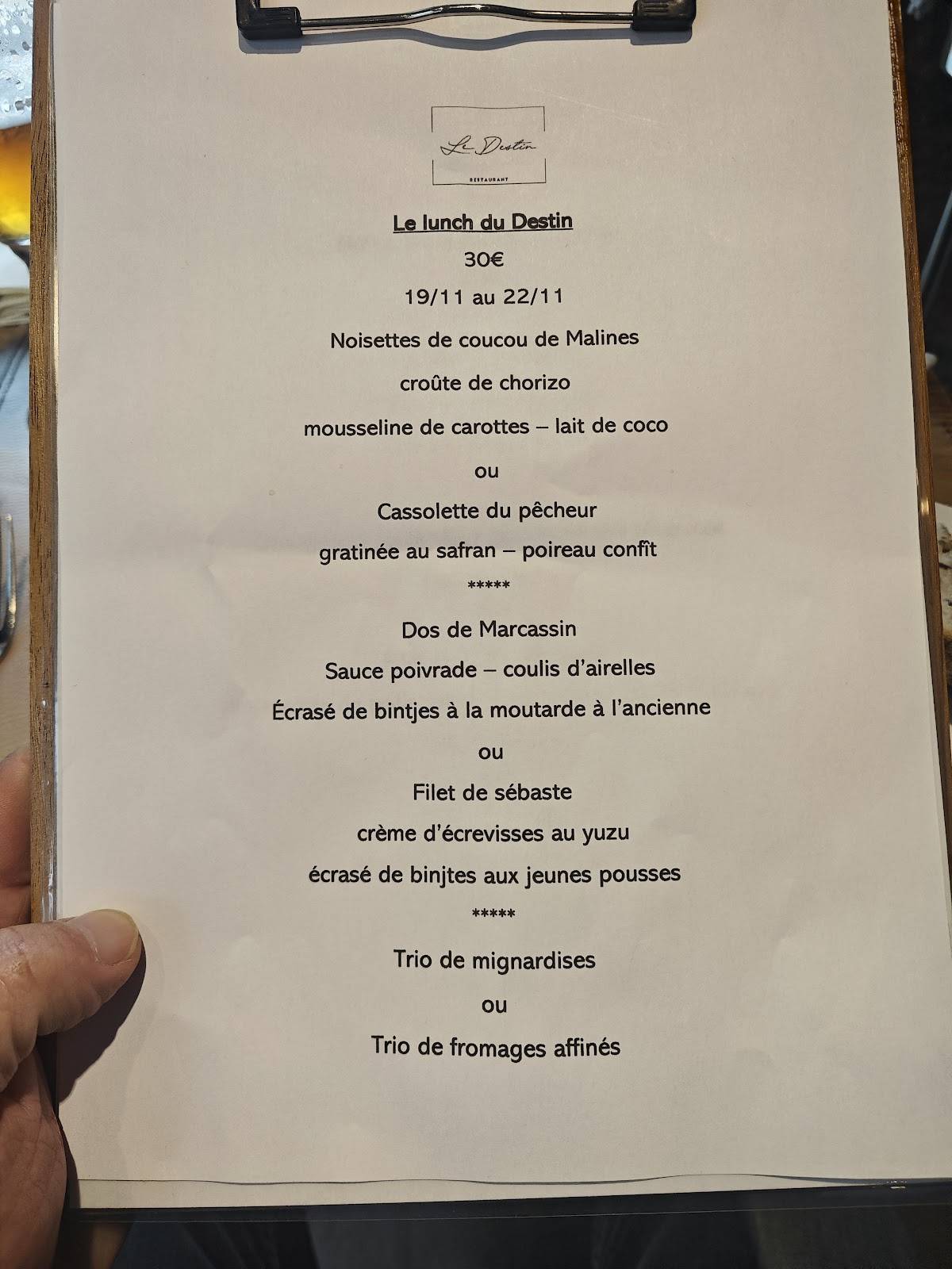 Menu au Restaurant Le Destin, Waterloo