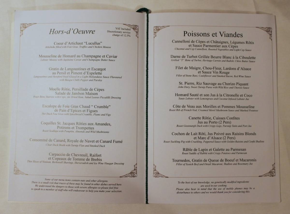 Menu at Le Gavroche restaurant, London