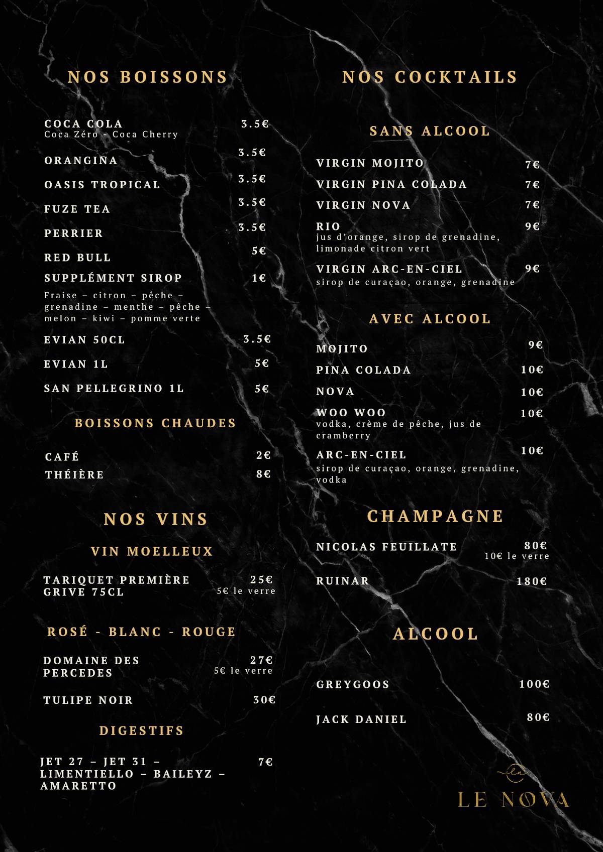 Menu at Le Nova restaurant, Toulon