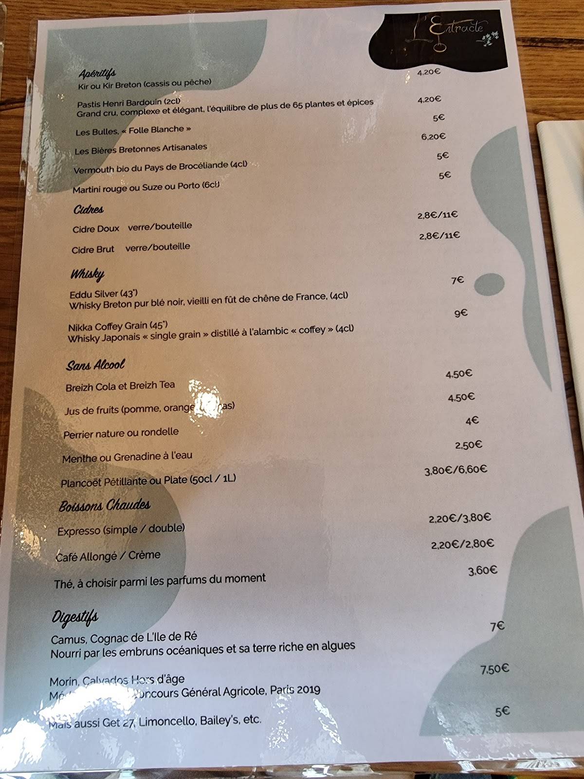 Menu au L’entracte restaurant, Saint-Malo