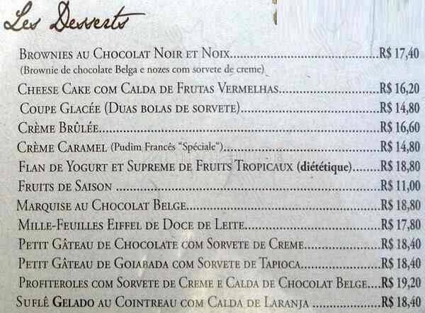 Menu em L'Entrecôte de Paris restaurante, Curitiba