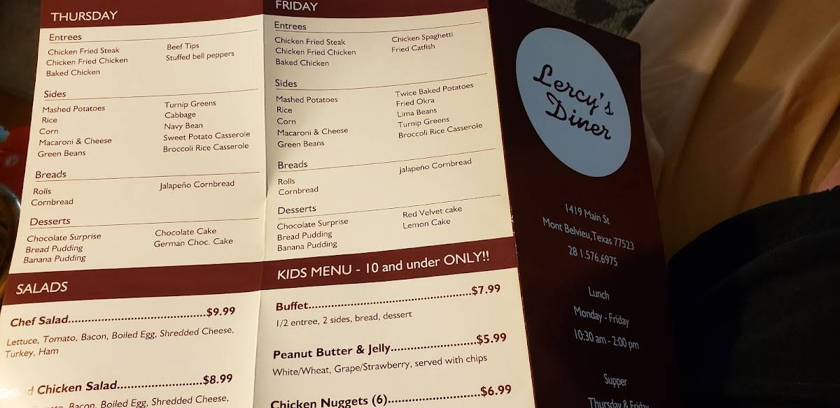 Menu at Lercy's Diner West restaurant, Mont Belvieu