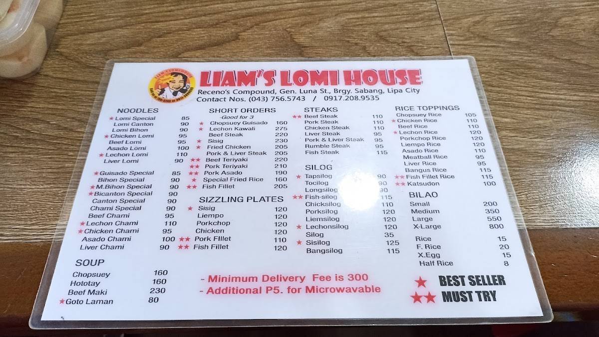 Menu at Liam's Lomi House restaurant, Lipa