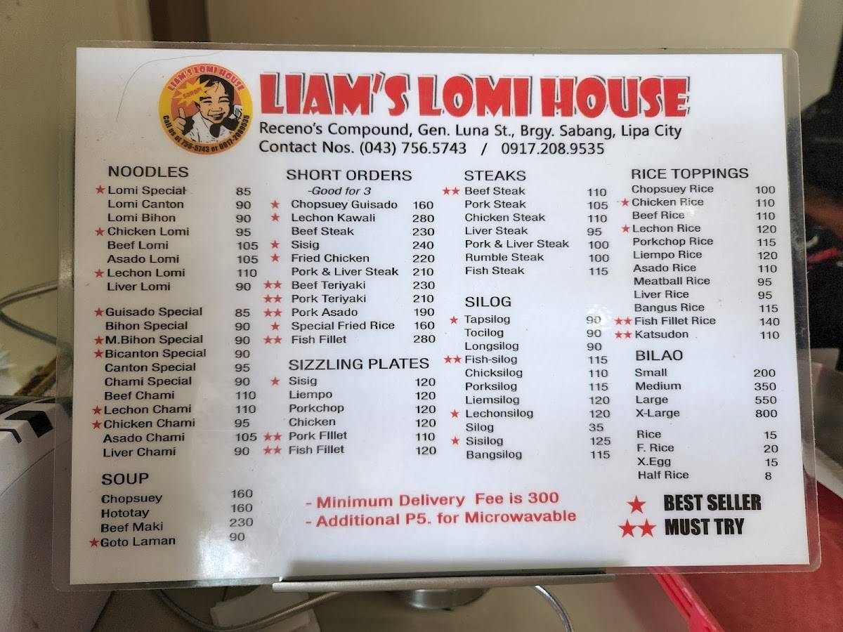 Menu at Liam's Lomi House restaurant, Lipa