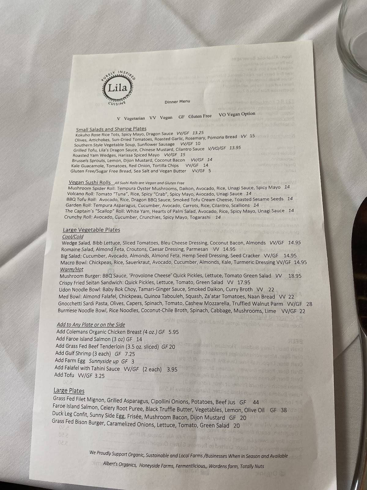 Menu at Lila restaurant, Sarasota