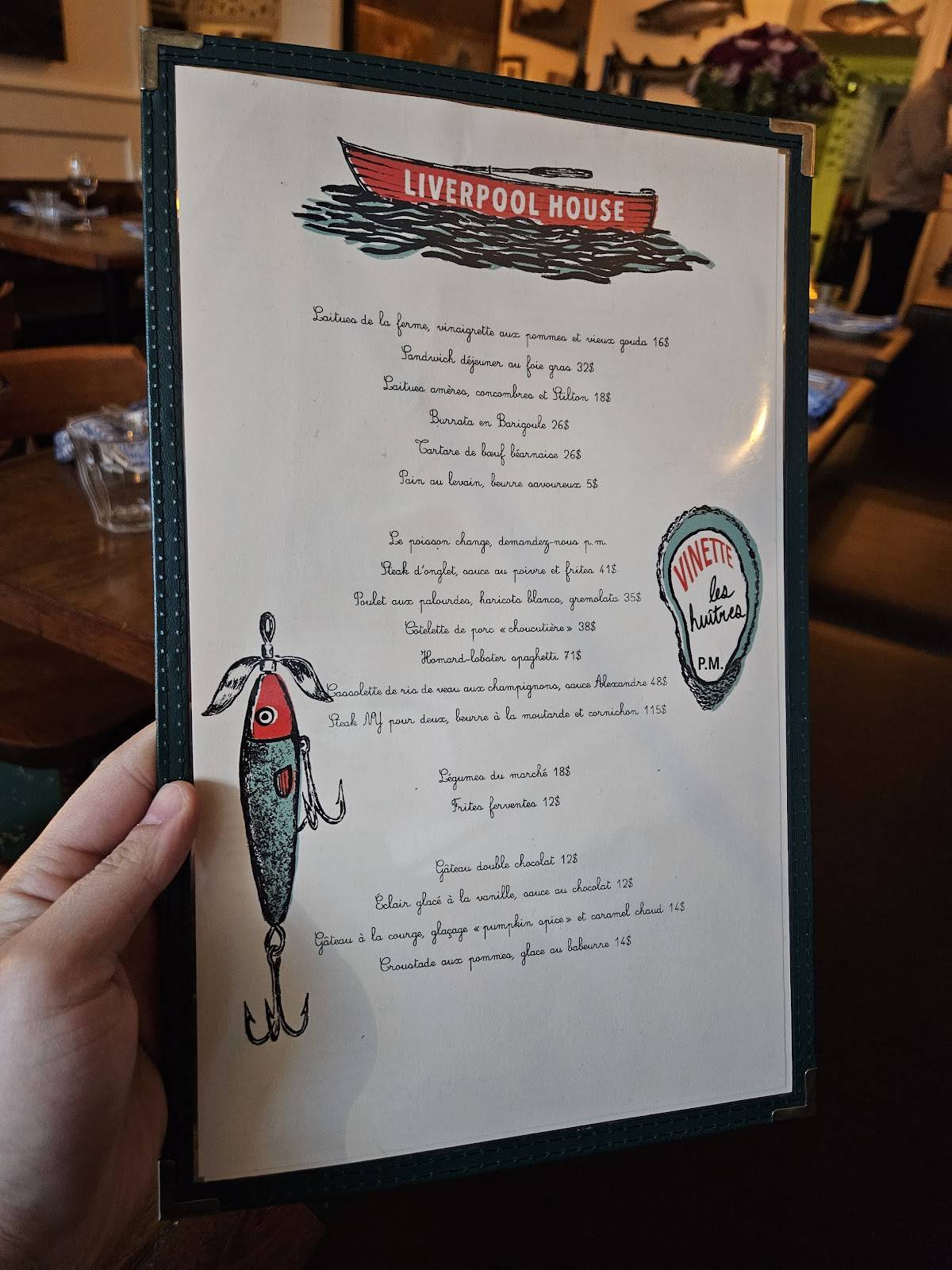 Menu at Liverpool House restaurant, Montréal