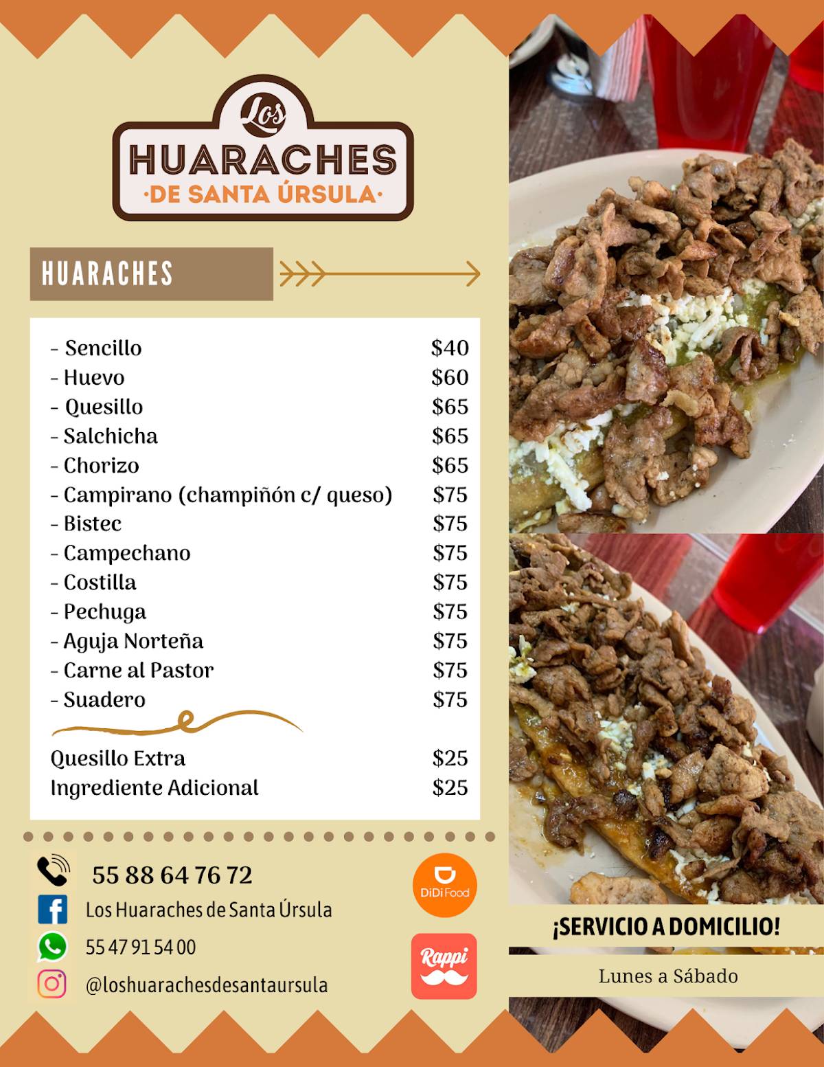 Menu at Los Huaraches De Santa Úrsula restaurant, Mexico City