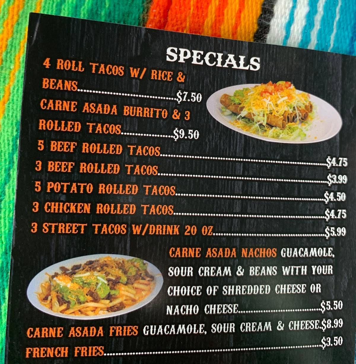 Menu at Los vaqueros mexican fast food, Cleburne