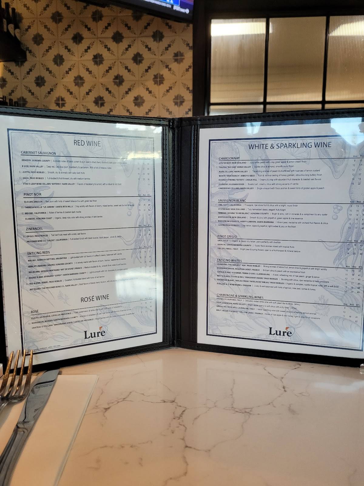 Menu at Lure Fish House restaurant, San Luis Obispo