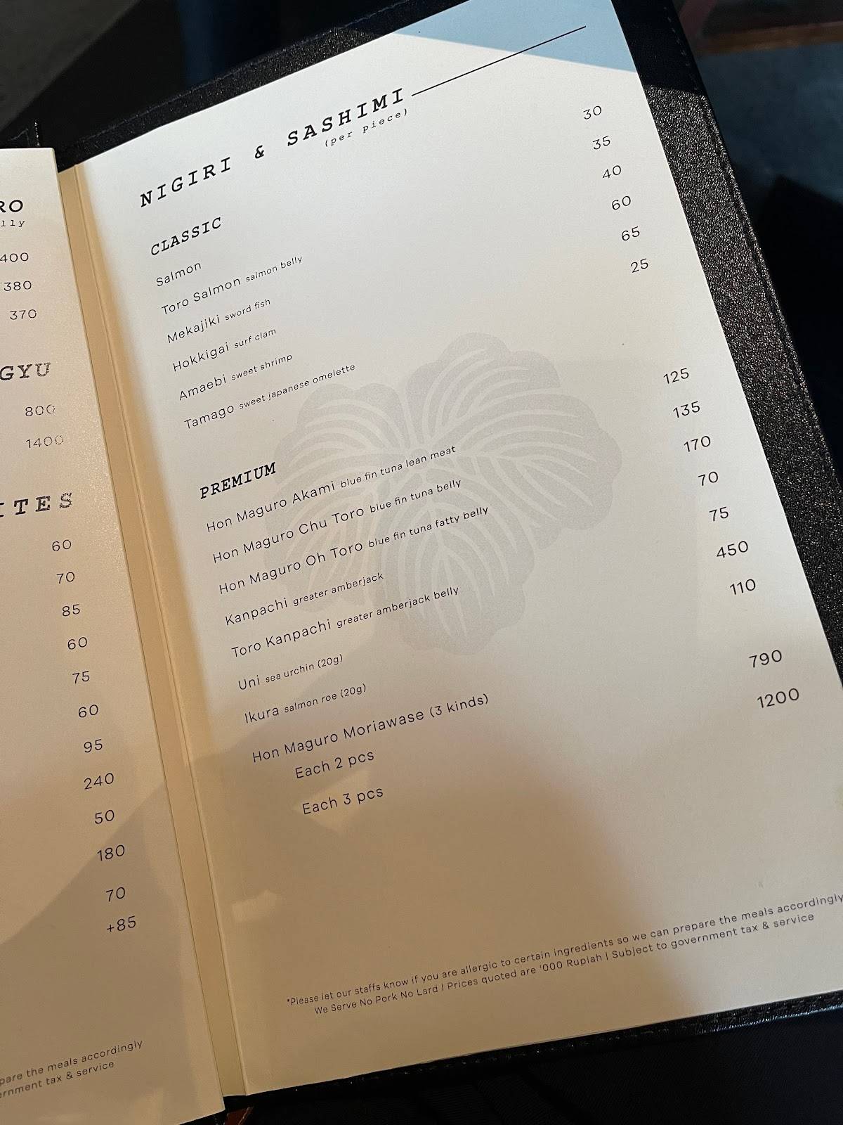Menu at MAZA Jakarta restaurant, Central Jakarta, Menara Astra