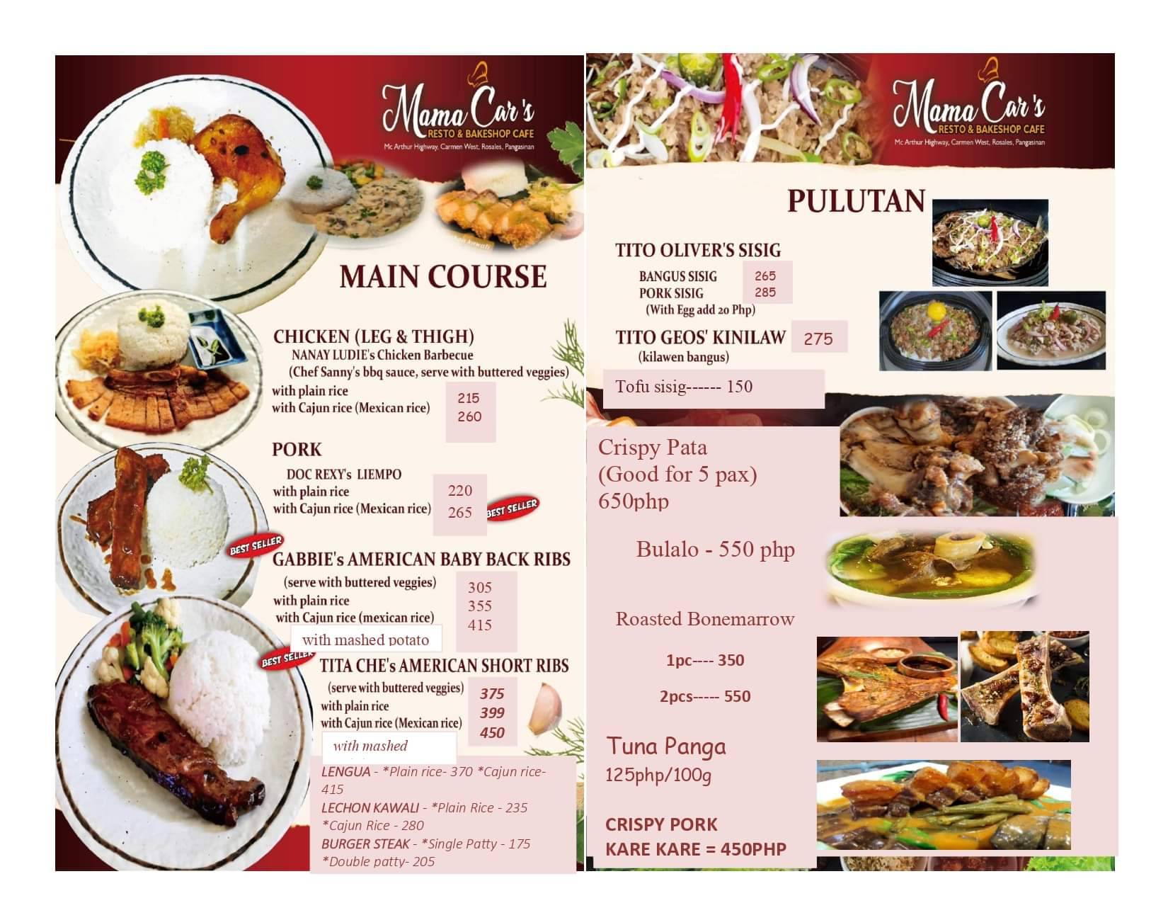 Menu at Mama Car's Resto & Bakeshop Cafe, Rosales