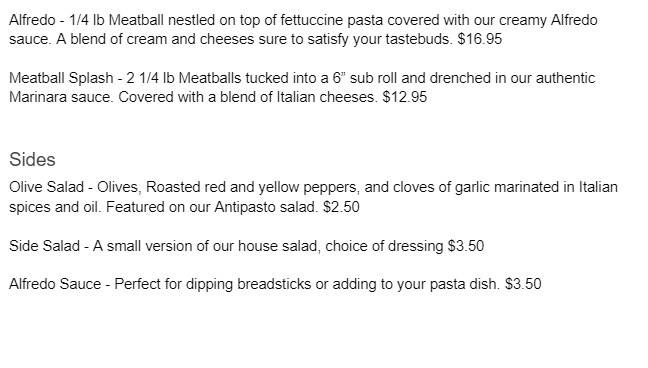 Menu at Mama Pistilli's House of Meatballs restaurant, Loveland