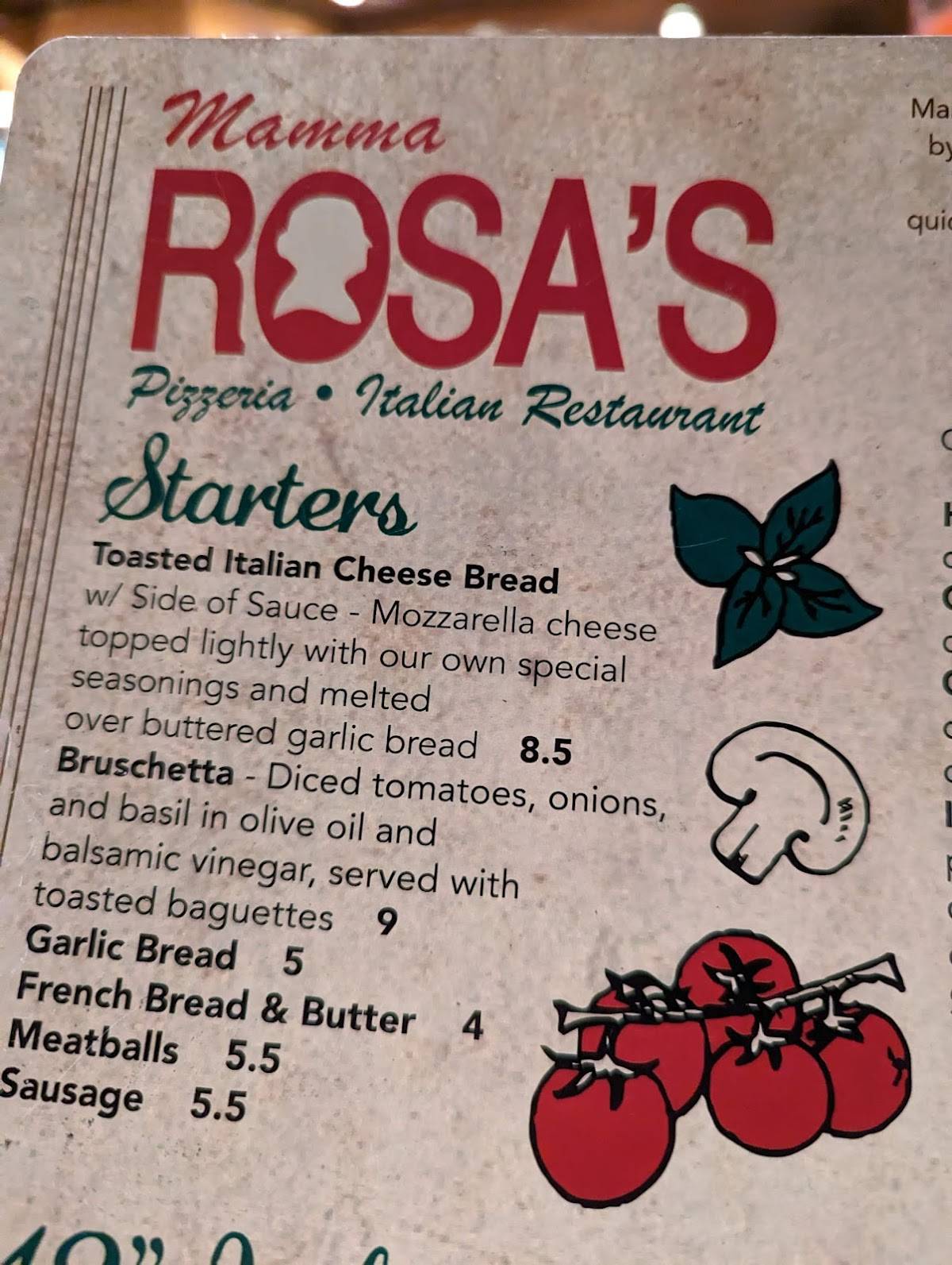 Menu at Mamma Rosa's Italian Restaurant, Cookeville