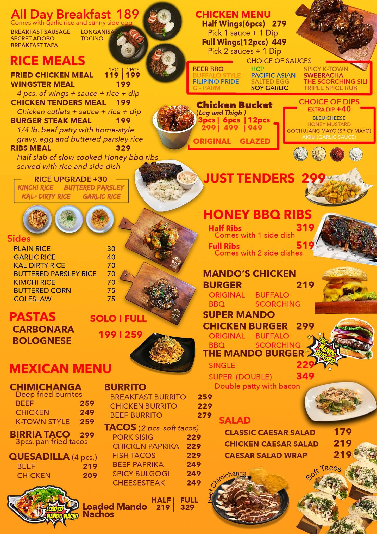 Menu at Mando's Wing Shack restaurant, Makati
