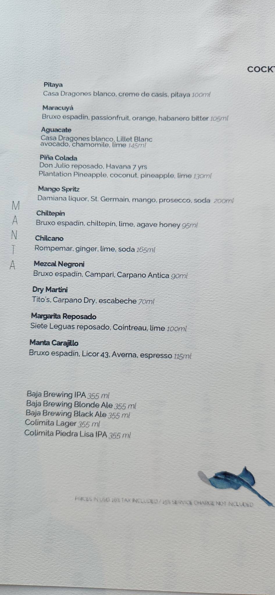 Carta del restaurante Manta, Cabo San Lucas