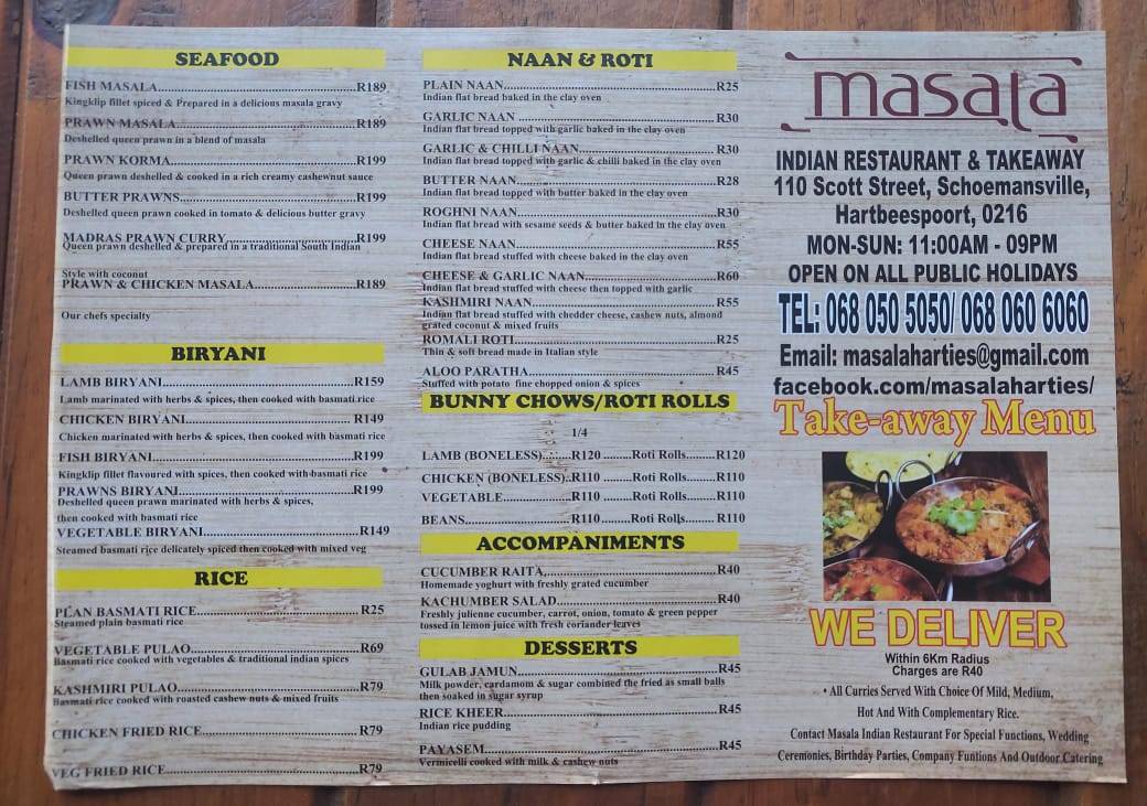 Menu at Masala Indian Restaurant Hartbeespoort, Hartbeespoort